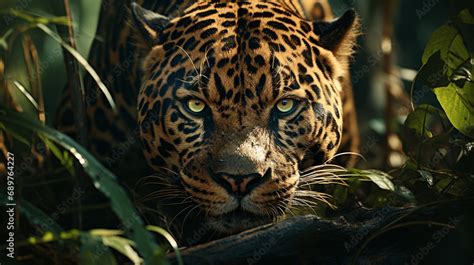 Jaguar With Green Eyes Stalking Prey Detailed Vegetation And Waterfall