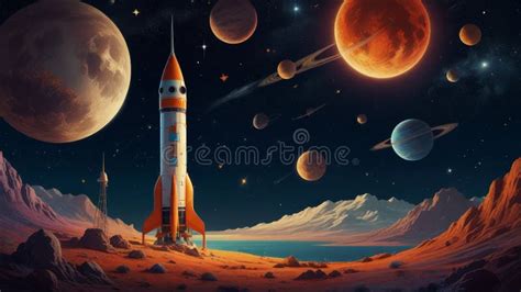 Interplanetary Rocket Launch Landscape Stock Illustration