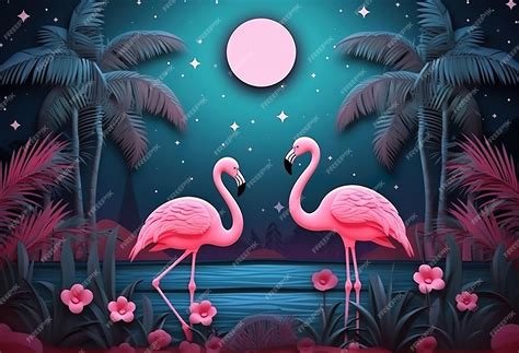 Premium Ai Image Moon And Flamingo Background Design With Tropical