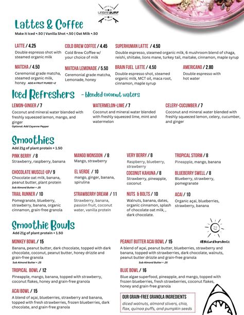 Urban Surf Menu Urban Surf Courban Surf Co