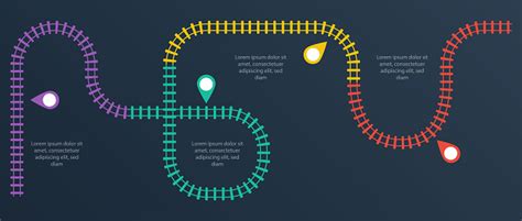 철도 트랙 인포그래픽 숫자 4 옵션 또는 단계가 있는 비즈니스 템플릿 철도 간단한 아이콘 철도 트랙 방향 기차 트랙 검은 배경에 다채로운 벡터 그림 교통에 대한 스톡 벡터