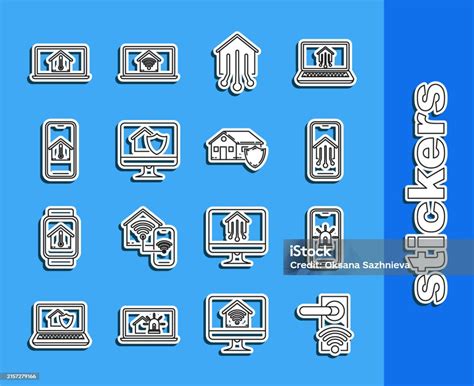 잠금 해제 휴대 전화 스마트 하우스 및 알람 가정 스마트 컴퓨터 모니터 보호 온도 노트북 및 집 아이콘을위한 무선 기술이 적용된 디지털 도어록을 설정합니다 벡터 Brand