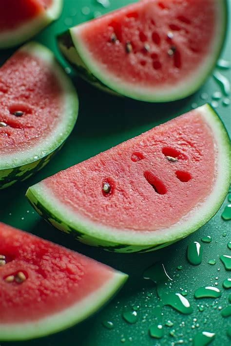 A Close Up Of Sliced Watermelon On A Green Surface With Water Droplets
