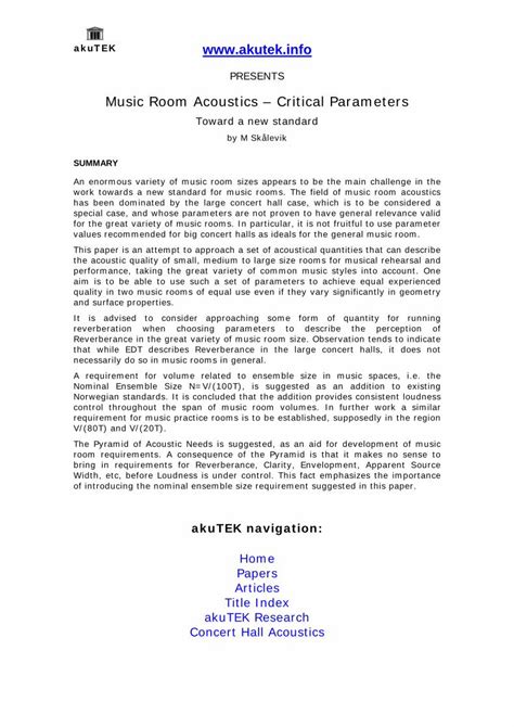 Pdf Music Room Acoustics Critical Parameters … · Music Room Acoustics Critical