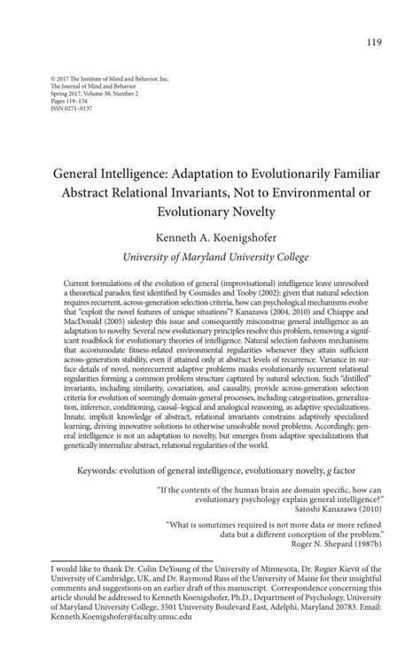 Pdf General Intelligence Adaptation To Evolutionarily Familiar