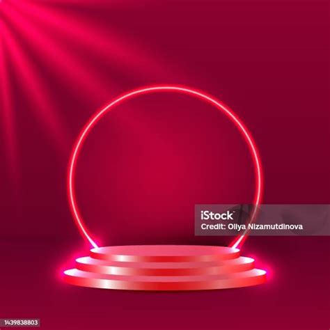 조명이 있는 빨간색 무대 연단 시상식을 위한 무대 연단 장면 벡터 그림 1위에 대한 스톡 벡터 아트 및 기타 이미지 1위 3차원 형태 공란 Istock