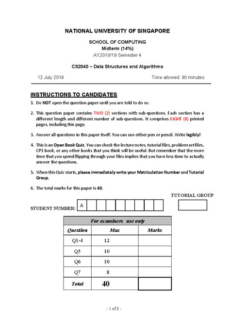 Cs2040 Midterm Semester 4 Data Structures And Algorithms Exam Paper