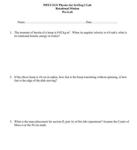 Solved PHYS 2121 Physics For Sci Eng I Lab Rotational Motion Chegg Com