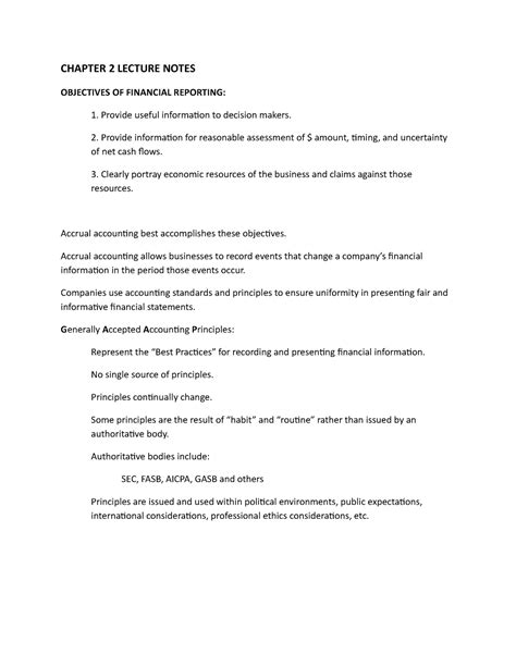 Acc 301 Chap 2 Lecture Notes Chapter 2 Lecture Notes Objectives Of Financial Reporting