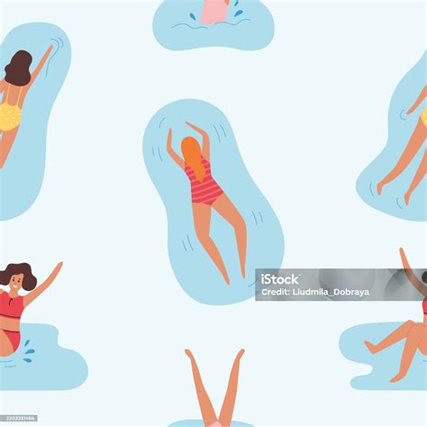 바다나 수영장에서 수영하는 젊은 여성과 함께 완벽 한 패턴 다양한 포즈로 물속으로 뛰어드는 행복한 여성 캐릭터 여름 휴가 배경입니다 손으로 그린 재미 있는 벡터 일러스트