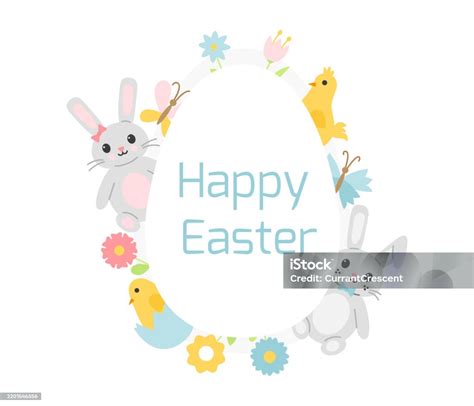회색 토끼 노란 병아리 나비 꽃이 특징인 달걀 모양의 플랫 만화 부활절 화환 밝은 파스텔 색상 행복한 부활절 텍스트와 함께 귀여운 봄 휴일 장식 계절에 대한 스톡 벡터 아트