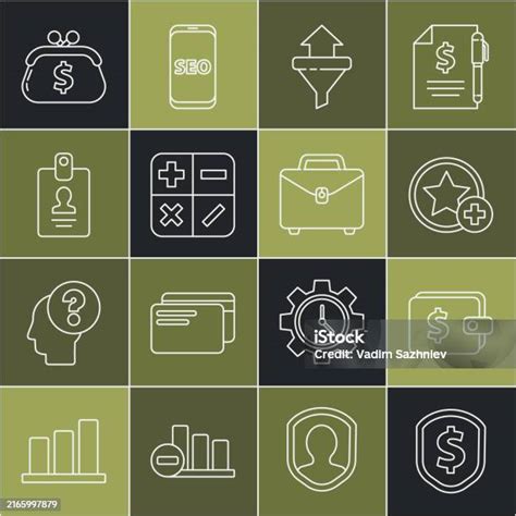 달러 지갑 별표 판매 깔때기 화살표 계산기 식별 배지 및 서류 가방 아이콘으로 라인 방패를 설정합니다 벡터 1위에 대한 스톡