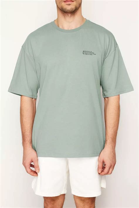 Jual Trendyol Dark Mint Oversize 100 Cotton Crew Neck Minimal Text