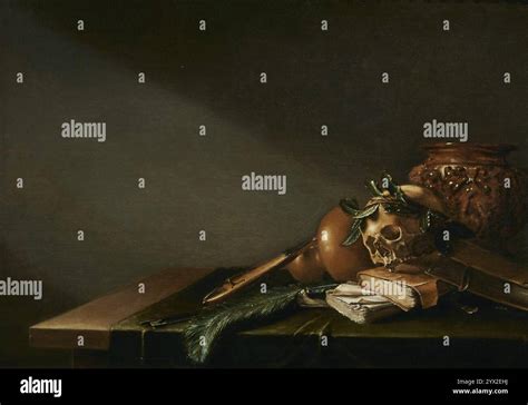 D Witting Vanitas Still Life With A Skull Books String Instrument