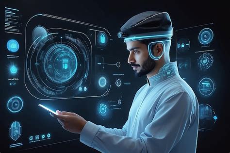 Arab Man Using Hologram Futuristic User Interface Concept Graphical