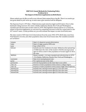 PS3 Problem Set 3 With Stata SESP 310 Causal Methods For Evaluating Policy Problem Set 3