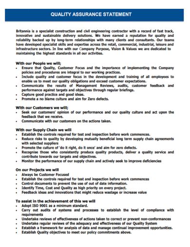 Free 10 Quality Assurance Statement Samples Product Mission