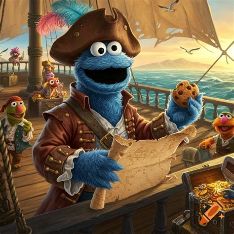 Cookie Monster Dressed As A Pirate Holding A Map And A Chocolate Chip