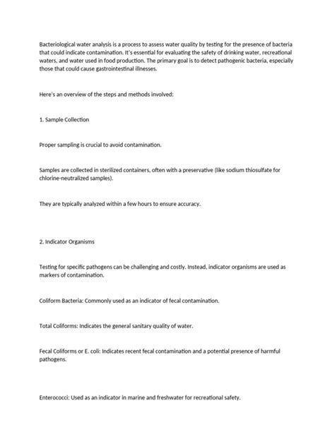 Bacteriological Water Analysis Overview Pdf Water Quality
