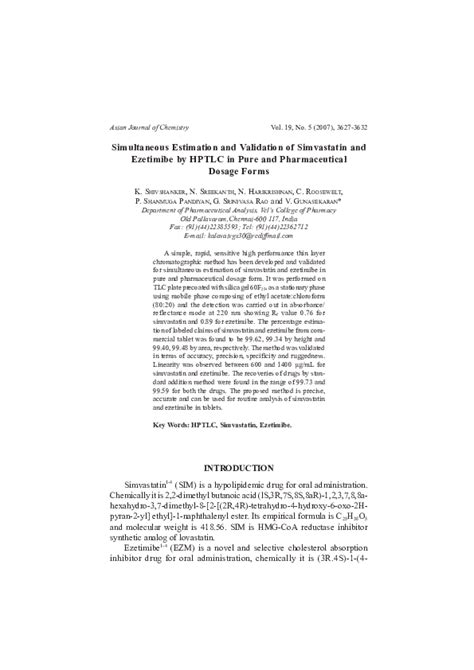Pdf Simultaneous Estimation And Validation Of Simvastatin And Ezetimibe By Hptlc In Pure And