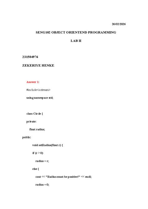 Seng102 Object Oriented Programming Lab Ii Sample Code Studocu