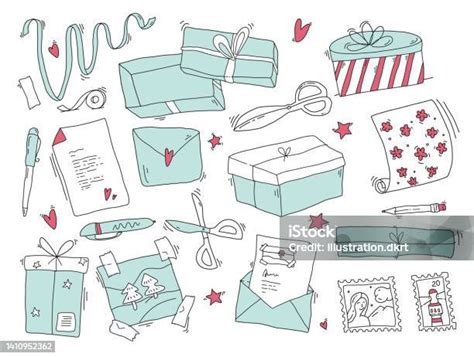 봉투 선물 상자 카드 가위 꼬임 태그 및 펜 대응 일러스트레이션을위한 봉투와 선물 상자의 포스트 벡터 세트 선물 포장 및 포장 선물에 대한 스톡 벡터 아트 및 기타 이미지