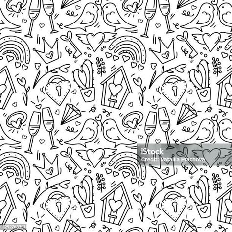 발렌타인 데이는 심장 새 자물쇠 선인장 크라운 반지 버드 하우스 무지개 보석 안경 가지와 매끄러운 패턴을 낙서합니다 가리기에 대한 스톡 벡터 아트 및 기타 이미지 Istock