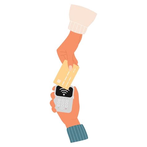 여성 손은 포스 터미널이 있는 신용 카드 또는 직불 카드로 지불합니다 접촉없는 현금없는 지불 ⁇ 터 플래트 프리미엄 벡터