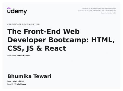 completed 11 hour course on front end development bhumika tewari