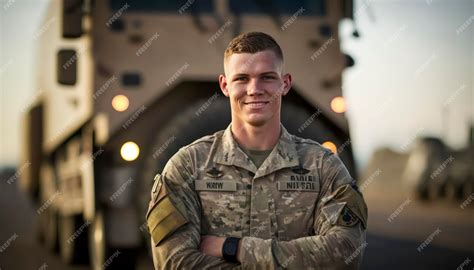 Premium Ai Image A Beautiful Smiling Young Male Soldier In Front Of A Blurry Millitary Base