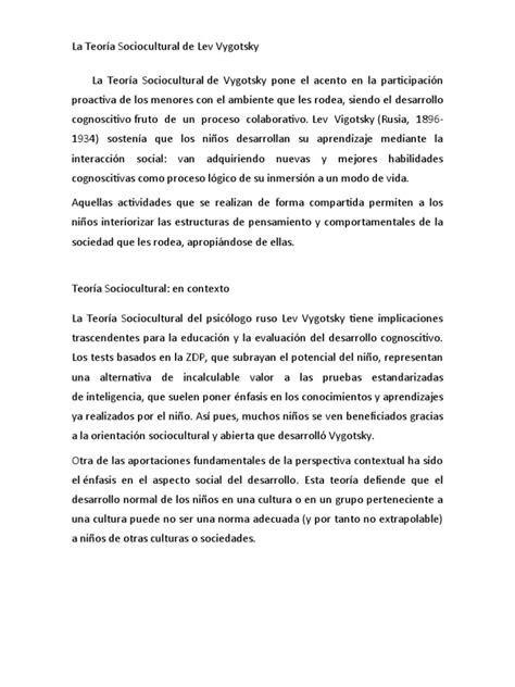 La Teoría Sociocultural De Lev Vygotsky Pdf Aprendizaje Pensamiento