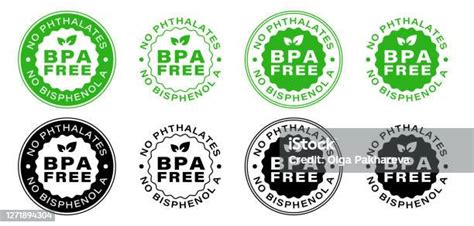 Bpa 무료 벡터 인증서 아이콘입니다 프탈레이트 비스페놀 없음 안전한 푸드 패키지 스탬프 체크 마크 및 녹색 잎이 없습니다 정보 레이블입니다 벡터 그림입니다 그릇에 대한