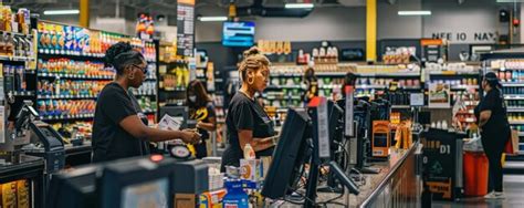 A Grocery Store Checkout Area With Rows Of Registers And A Friendly