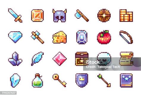 픽셀 아트 게임 요소 컬렉션입니다 8비트 비디오 게임 아이콘 픽셀화된 무기 갑옷 및 자산 검 두루마리 도끼 망치 두개골 헬멧 방패 보석 물약 및 기타 고전적인 90년대 게임