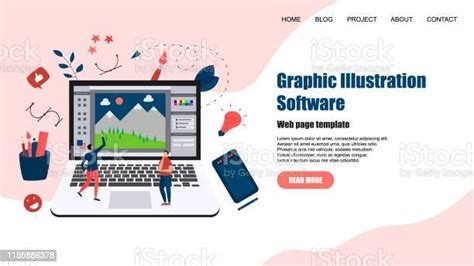 웹 페이지 템플릿입니다 창조적 인 프로젝트와 오픈 일러스트 레이션 응용 프로그램과 평면 벡터 그래픽 그리기 개념 개념에 대한