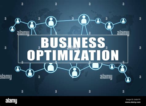Business Optimization Text Concept On Blue Background With World Map