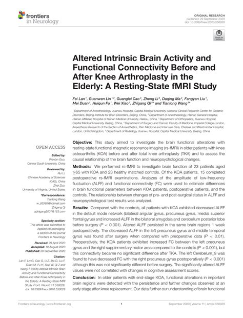 Pdf Altered Intrinsic Brain Activity And Functional Connectivity Before And After Knee
