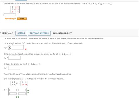 Solved Find The Trace Of The Matrix The Trace Of An N X N Chegg Com