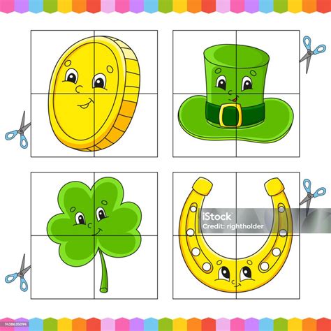 잘라서 놀아요 접착제로 종이 게임 플래시 카드 교육 워크시트 활동 페이지 성 패트릭의 날 고립 된 벡터 그림입니다 만화 스타일 0명에 대한 스톡 벡터 아트 및 기타 이미지
