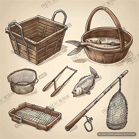 Ai创作图材质农具 抓鱼竹具 捕鱼的工具 竹编篮子插画 鱼民鱼篓 农家手工产品插画 筐子手绘 鱼笆篓 收割工具竹编 渔耕工具 挑箩筐插画 竹笼渔具 捞捕工具 竹鱼篮子 织鱼网素材nipic