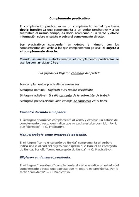 C Predicativo Complemento Predicativo El Complemento Predicativo Es Un Complemento Verbal Que