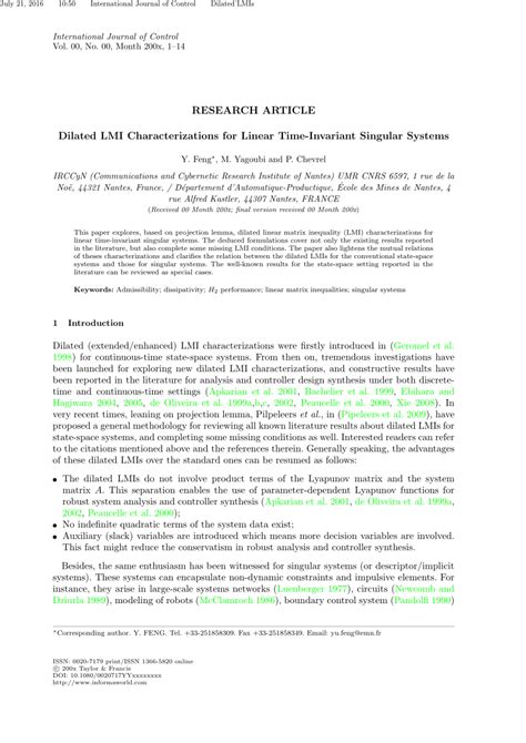 Pdf Dilated Lmi Characterizations For Linear Time Invariant Singular Systems
