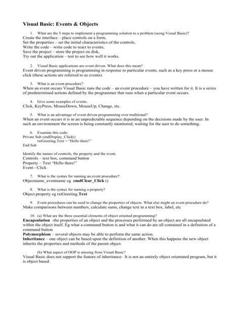 Visual Basic Events And Objects Worksheet