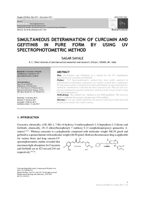 Pdf Simultaneous Determination Of Curcumin And Gefitinib In Pure Form