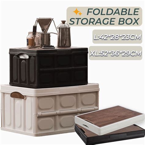 Foldable Storage Box Outdoor Car Storage Wooden Lid Camping Storage Box Kotak Penyimpan Lipat
