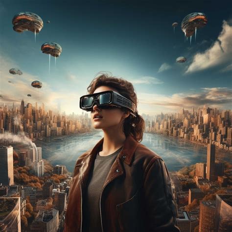 Young Redhead Woman Wearing Virtual Reality Goggles Over Cityscape