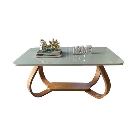 Mesa De Centro Retangular Base Amadeirada E Tampo De Vidro Casa Mad