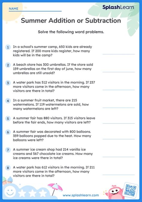 Add Or Subtract Within 1000 Summer Word Problems — Printable Math Worksheets Library