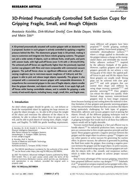 Pdf 3d‐printed Pneumatically Controlled Soft Suction Cups For Gripping Fragile Small And
