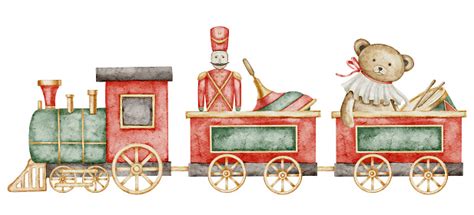 복고풍 장난감 수채화 그림으로 훈련하십시오 테디 베어 군인 및 드럼이 있는 빈티지 기관차 그림 어린아이 인사말 카드 또는 어린이 초대장 크리스마스와 새해 엽서를 위한 예술